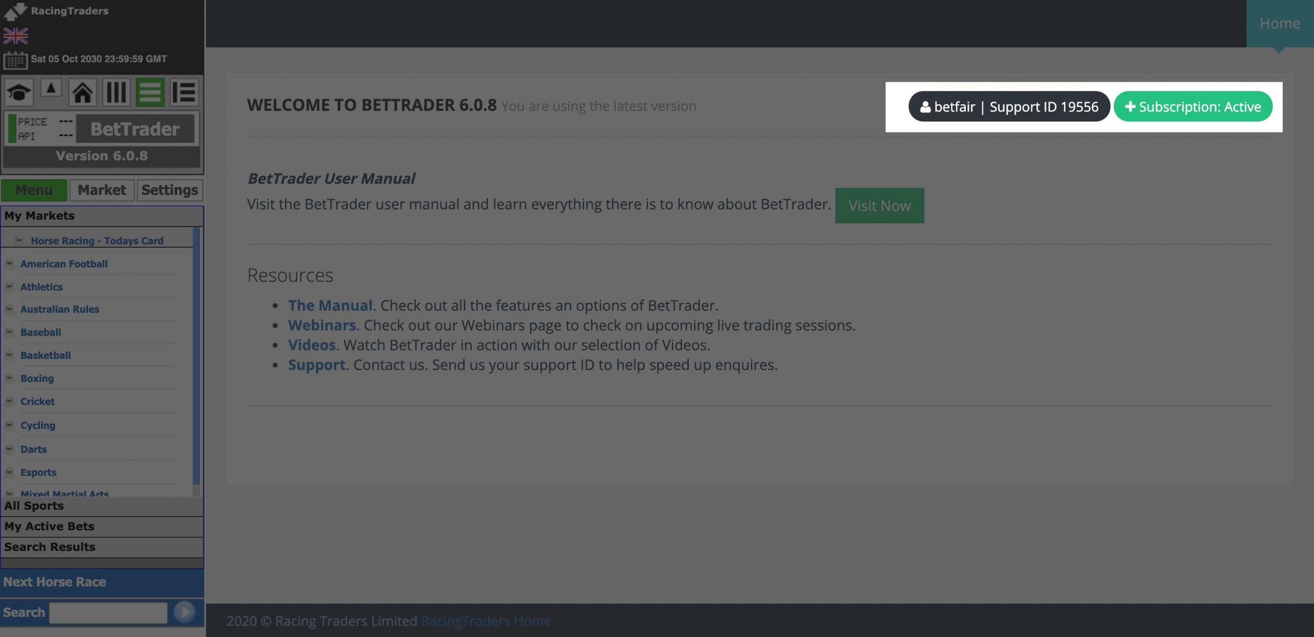 BetTrader User Manual: BetTrader Support ID